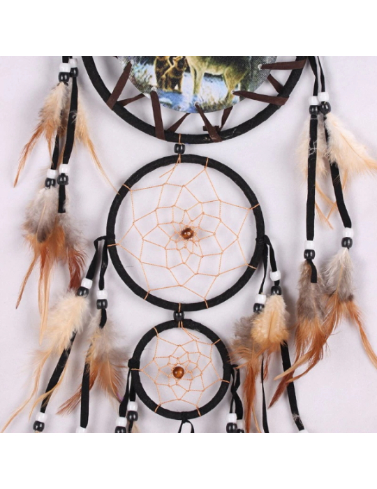 Schwarzer Traumfänger Wolf mit 3 Ringen